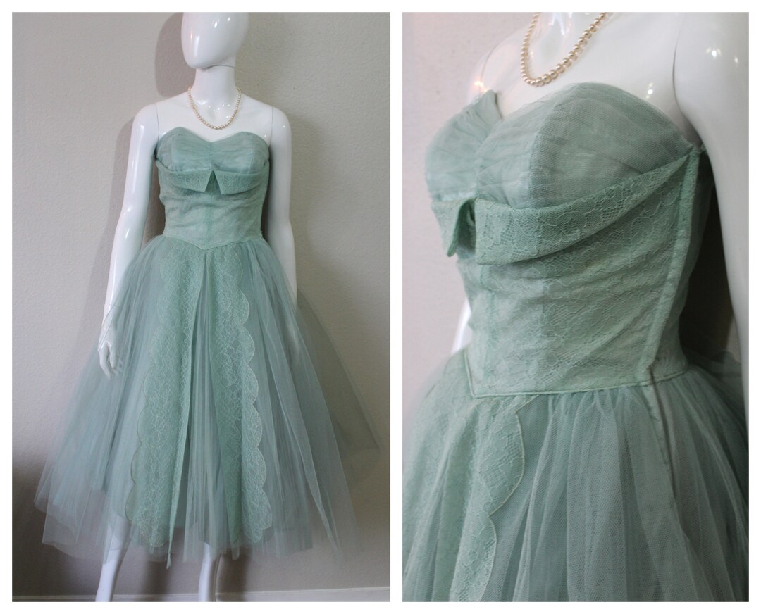 Vintage 1950s Prom Dress / Fancy Strapless Green Tulle Lace Cupcake ...
