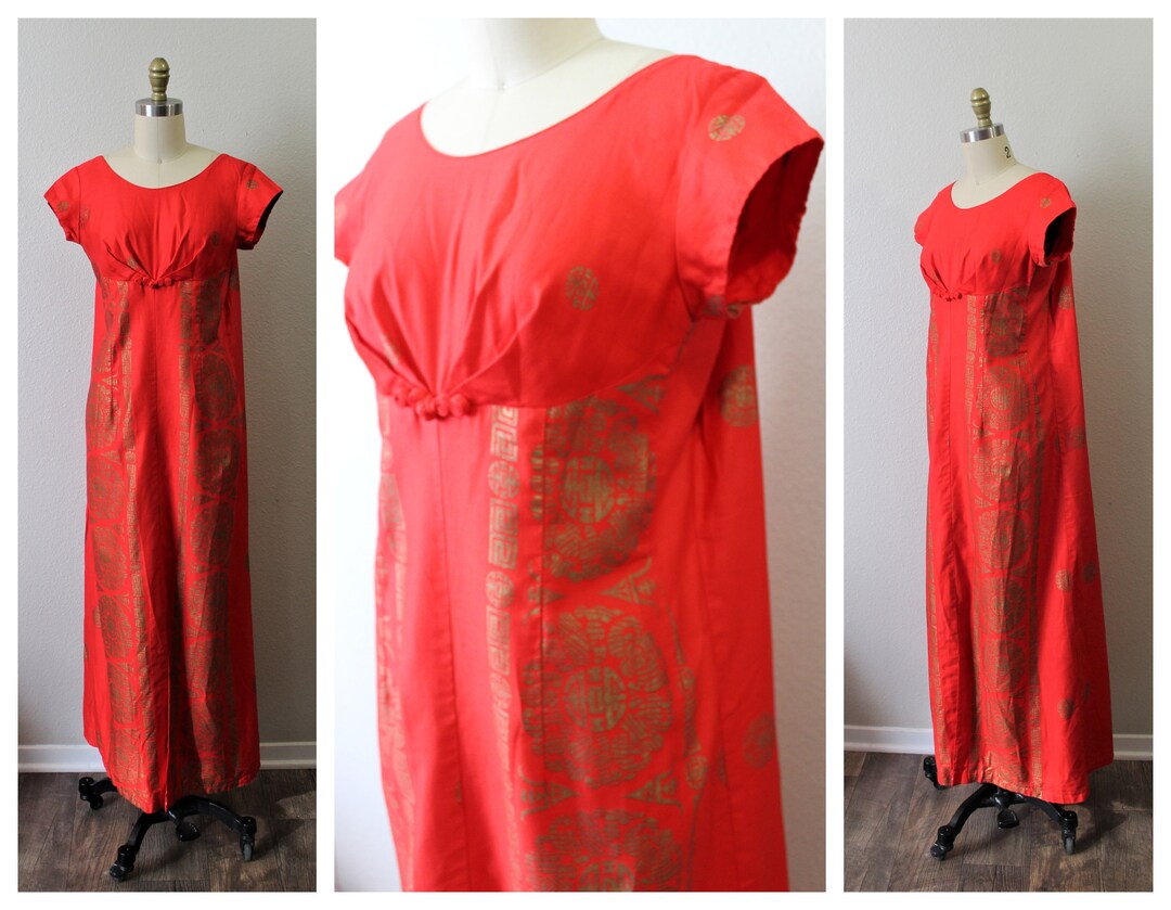 Vintage Red Gold Hawaiian Column Cotton Caftan Muu Muu Dress Bullet Bra ...