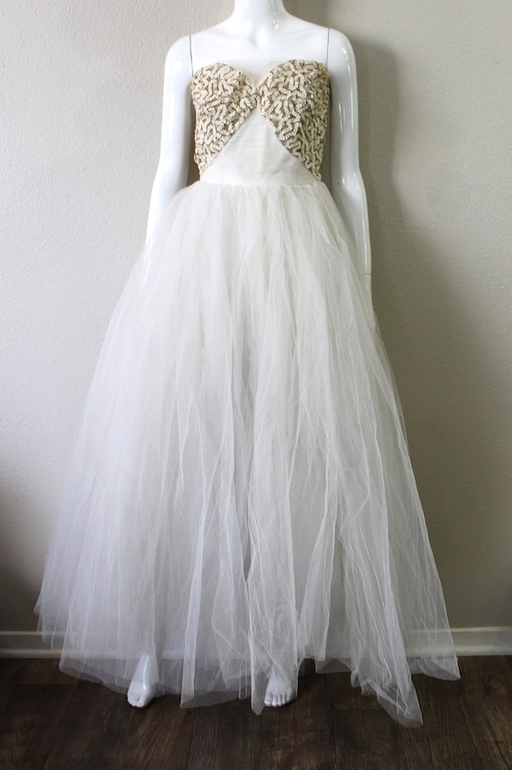 1950s Prom Cupcake Dress / Vintage Fancy Strapless Of… - Gem