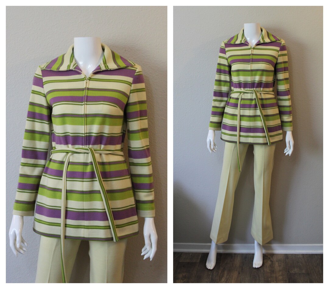 Vintage 1960s MCM 70s Mod Two Piece Knit Pants Belted Tunic Top Pant ...