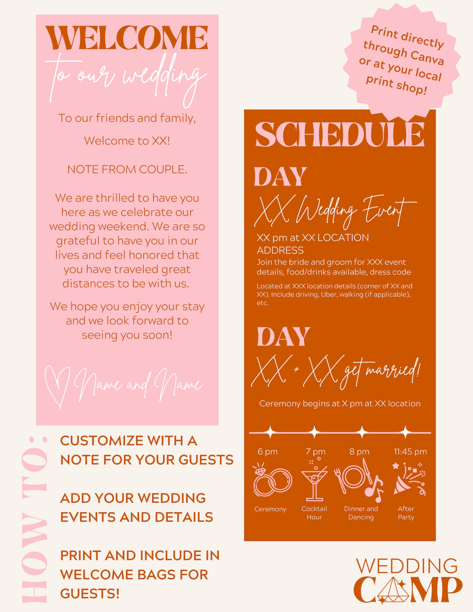 Wedding Welcome Bag Card TEMPLATE | Customizable Wedding Schedule and ...
