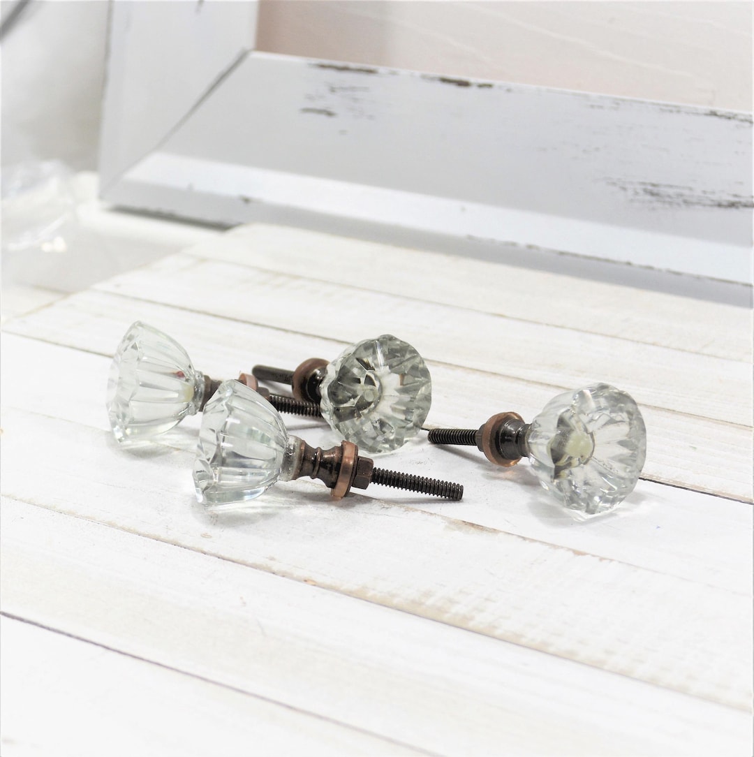 Faceted Scallop Glass Knob, Glass Flower Drawer Pull, Bronze Stem ...