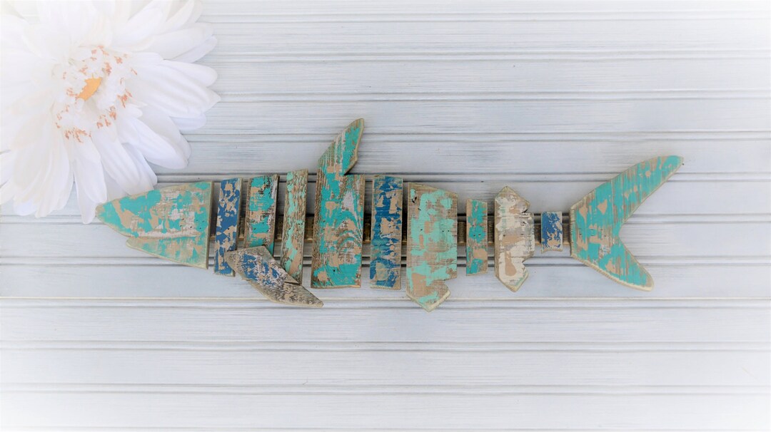Rustic Wood Shark Wall Decor, Teal Blue Shark, Coastal Bathroom, Beach ...