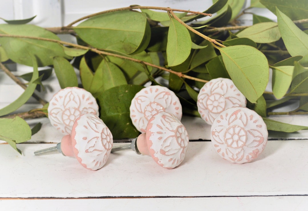 Pink and White Flower Knob, Embossed Pink Floral Drawer Pull, Nursery ...