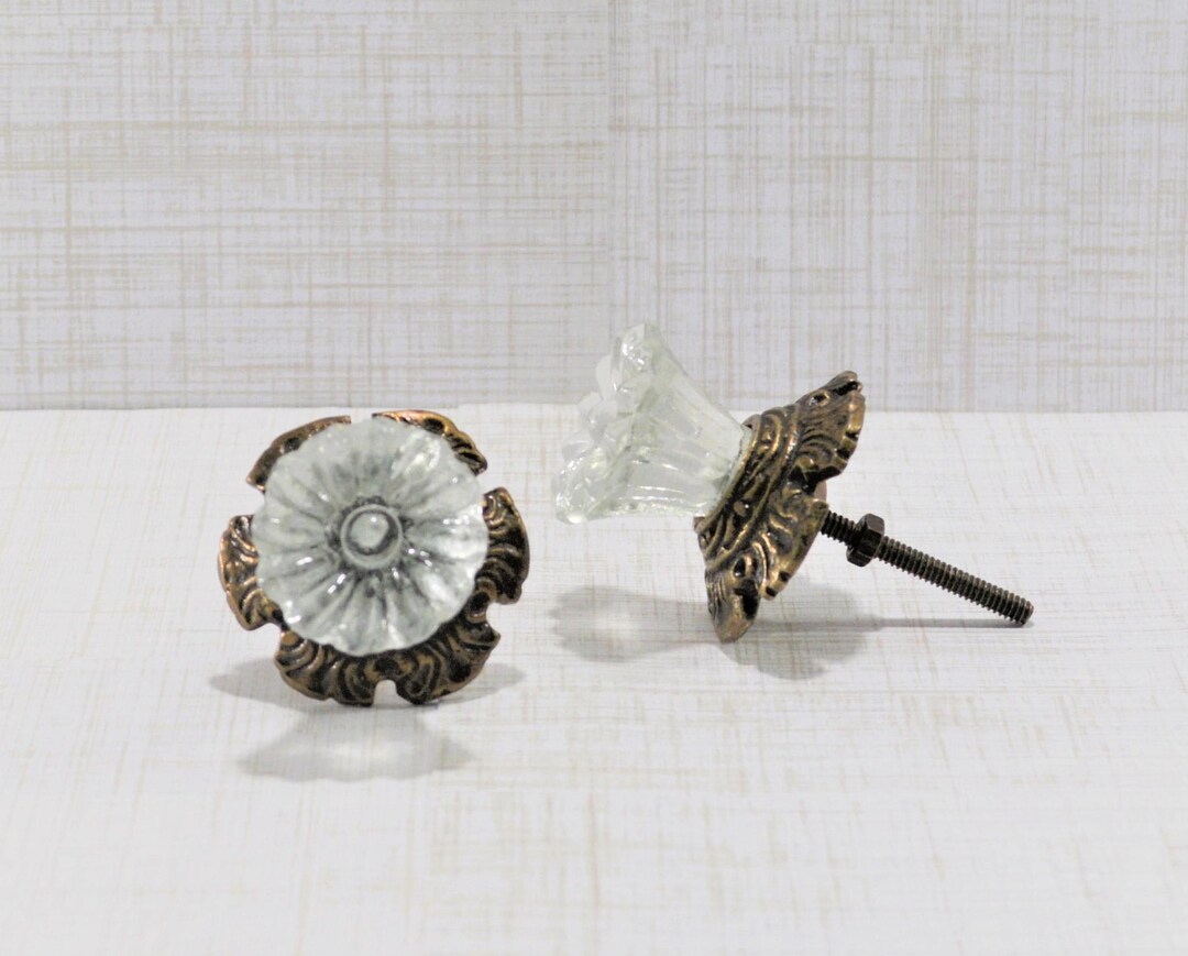 Glass Floral Knob With Umbrella Base, Scallop Drawer Pull, Flower Door Handle, Kitchen Cabinet ...