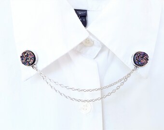 Pink Druzy Collar Pin With Chain Women's Shirt Accessories Sprarkling ...