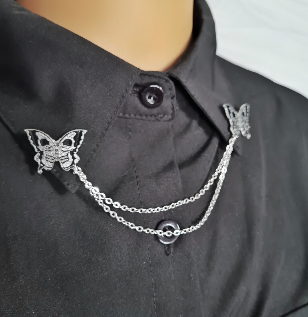 Skull Butterfly Collar Pin Clips With Chain Buttonless Cardigan Clips ...