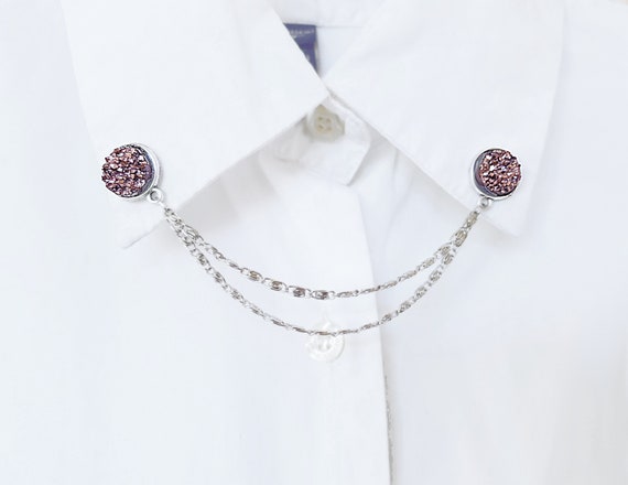 Pink Druzy Collar Pin With Chain Women's Shirt Accessories | Etsy