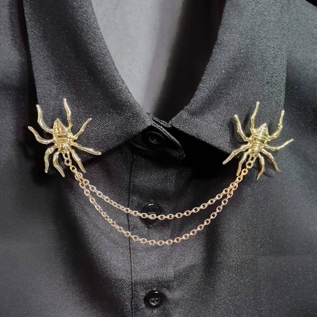 Gold Spider Collar Pin With Chain Halloween Jewelry Costume Spooky ...