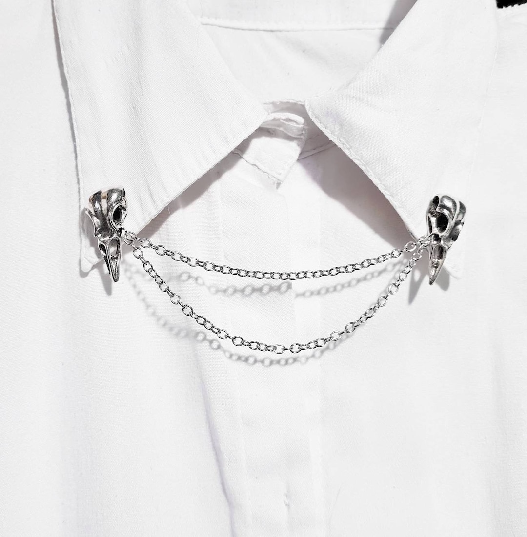 Bird Skull Collar Clips With Chain Men Gift Idea Unisex Collar Pin Crow ...