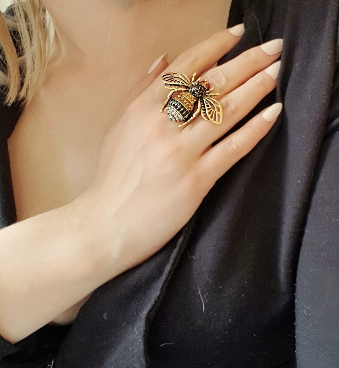 Bee Ring, Adjustable With Rhinestones, Gold Women's Rings, Massive ...