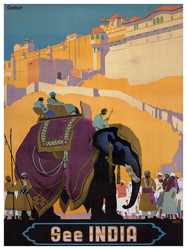 India Art Wall Decor Travel Poster Elephant Print Vintage | Etsy