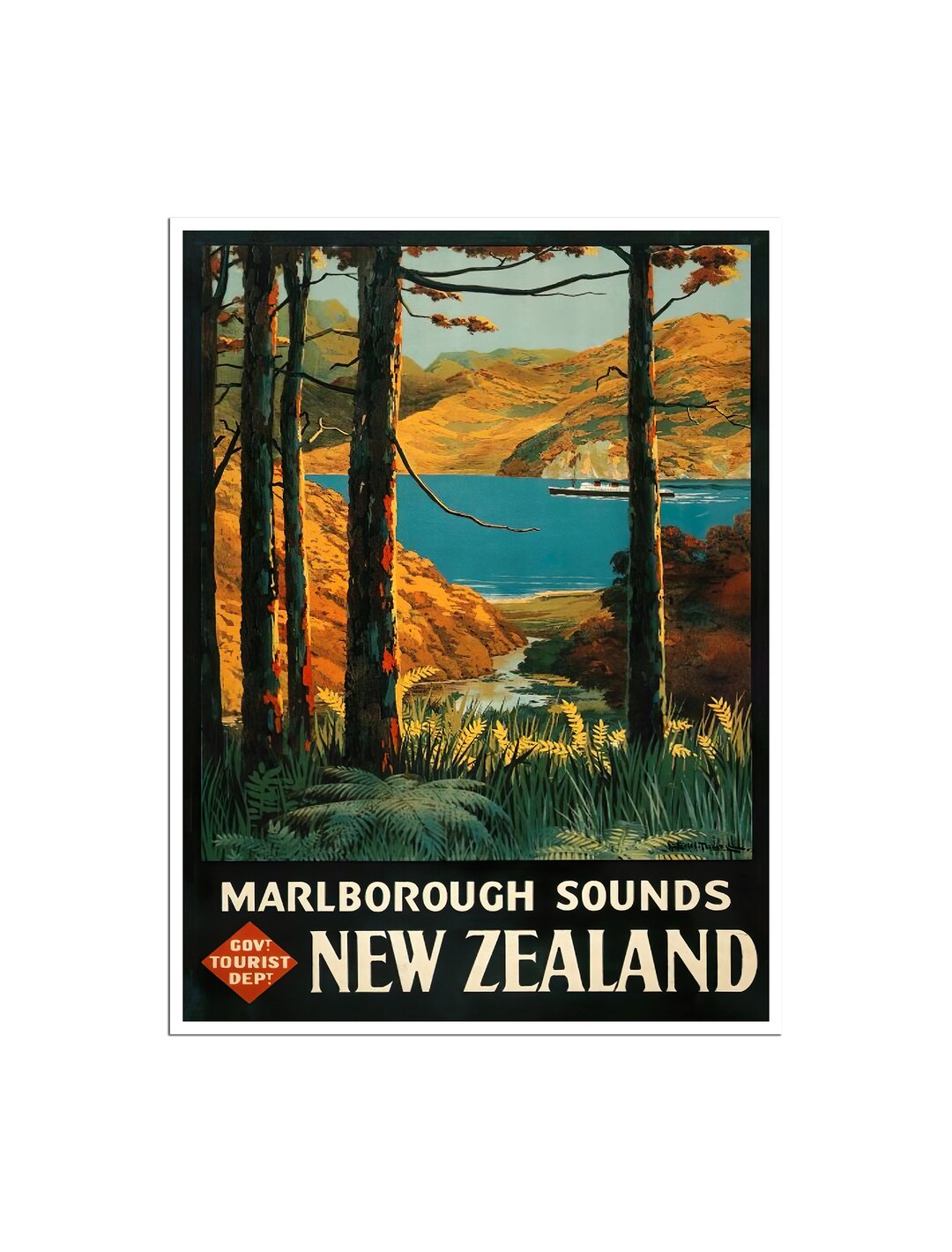New Zealand Art Vintage Travel Poster Marlborough Sounds Print Retro ...