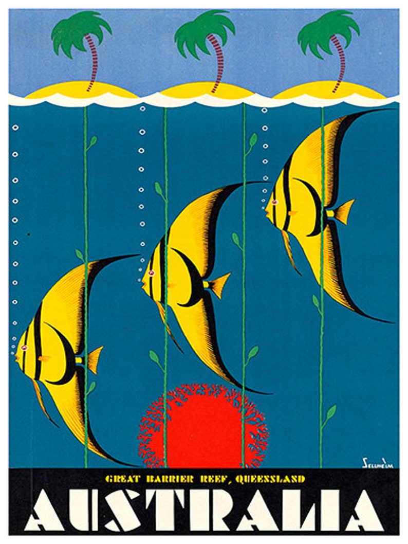 Australia Art Travel Poster Tropical Fish Vintage Sign Retro - Etsy