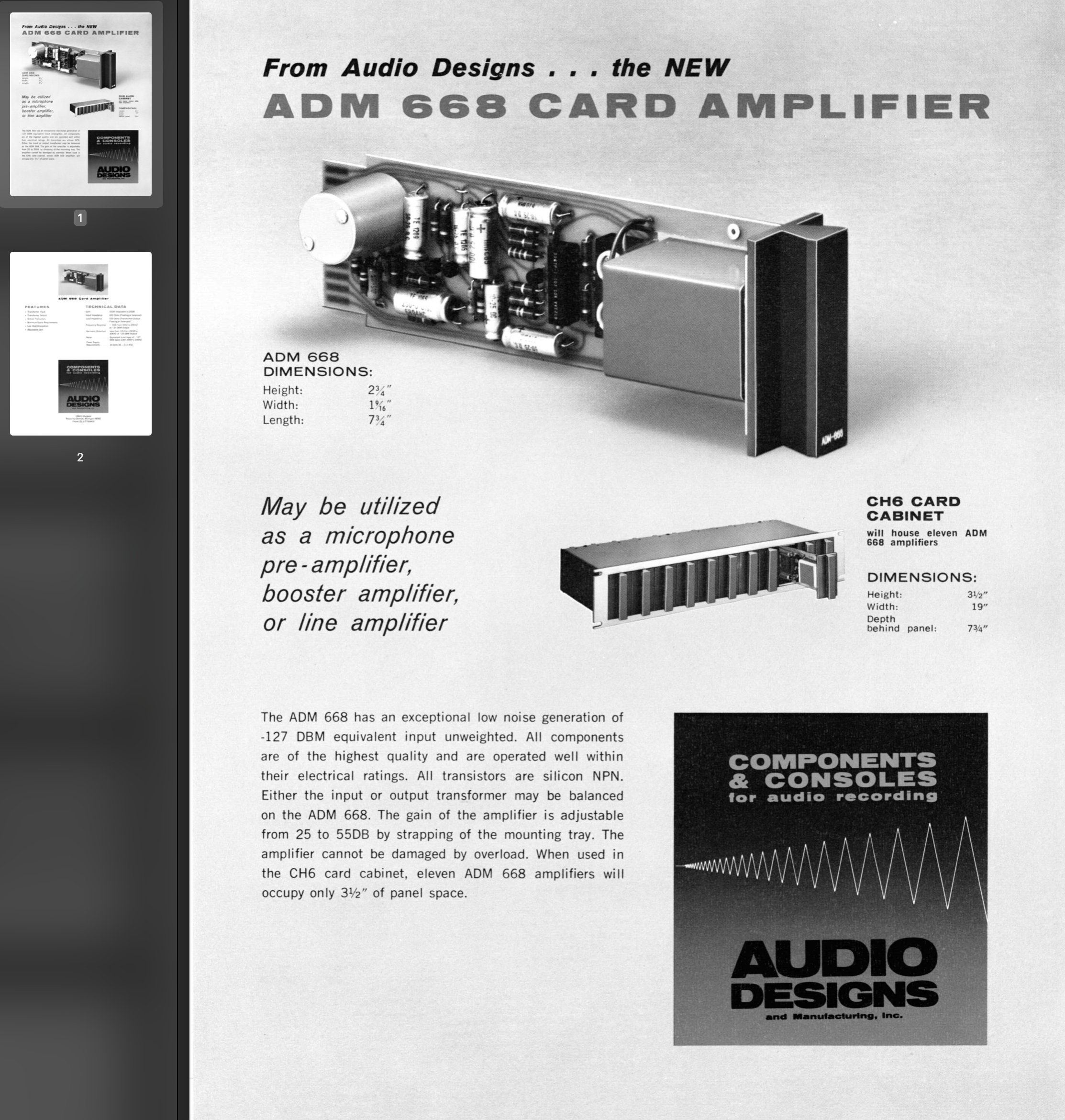 1960s & 1970s ADM Recording Console Documentation 700 Series Preamp ...