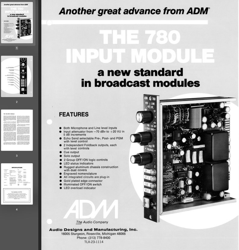 1960s & 1970s ADM Recording Console Documentation 700 Series Preamp ...