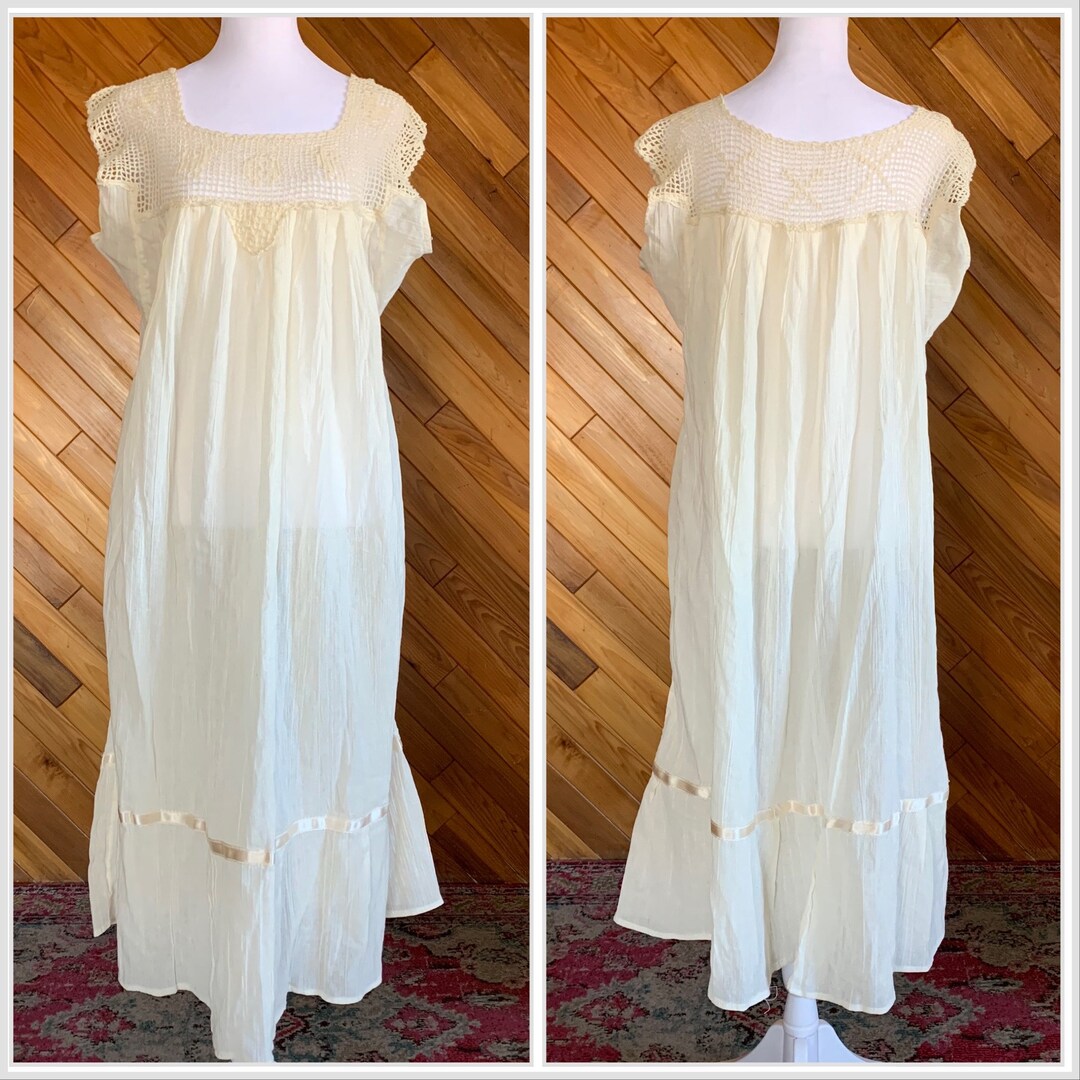 Vintage 60s/70s Cotton/muslin Nightgown With Bird Crochet/knit Details ...
