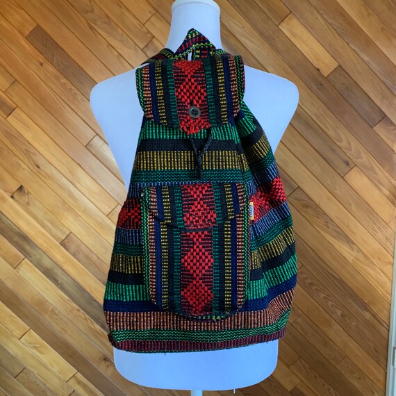 Rainbow, Bold, Black Woven Baja Boho Backpack - Gem