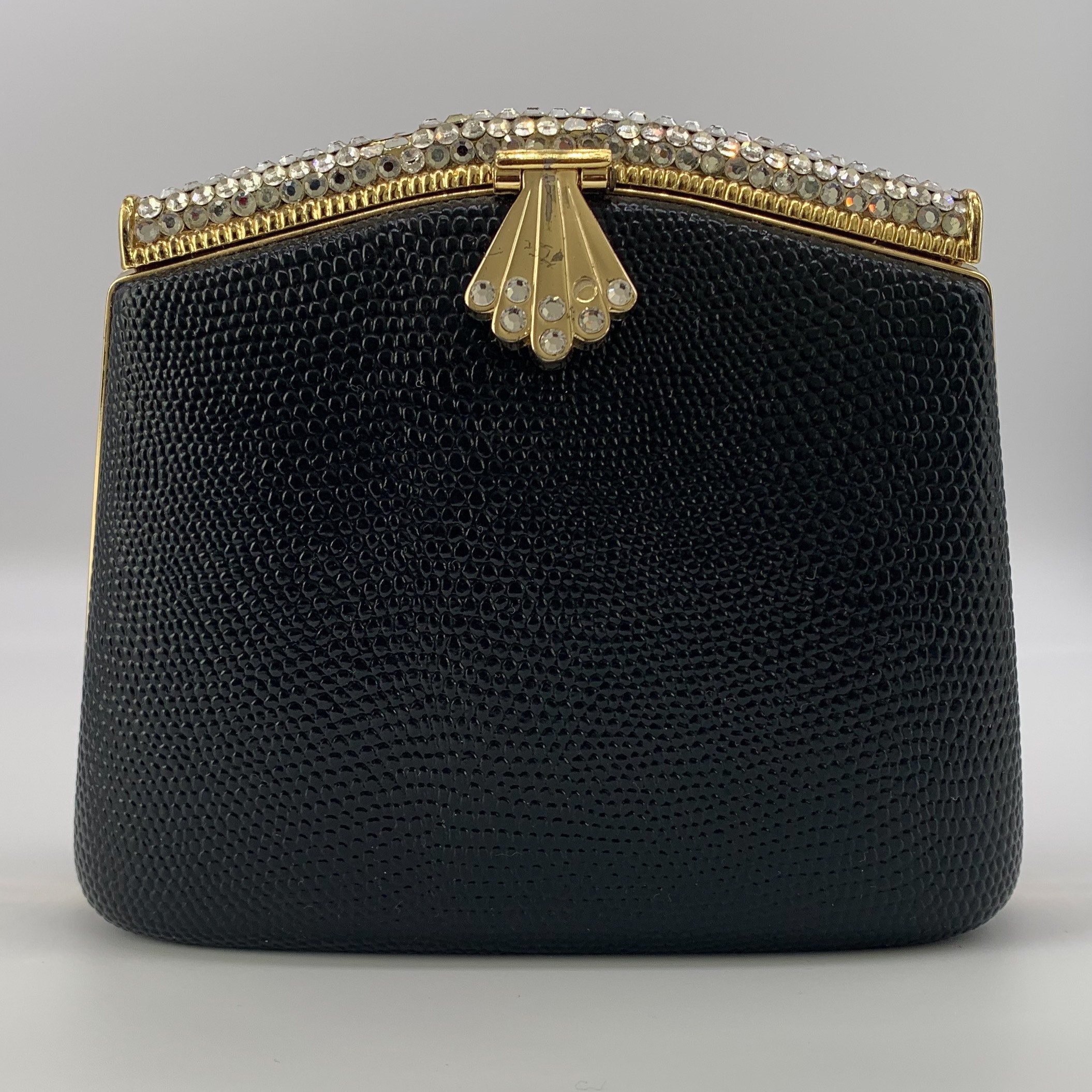 Vintage 50s/60s Clamshell Black and Gold Jeweled Clutch/purse - Etsy