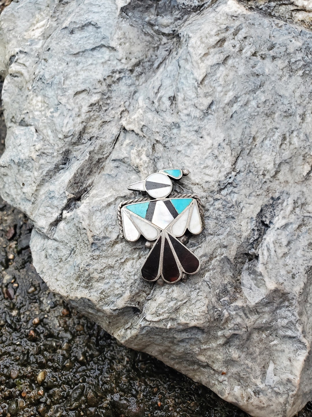 Vintage Zuni Inlaid Thunderbird Pin Turquoise Mother of Pearl Black ...