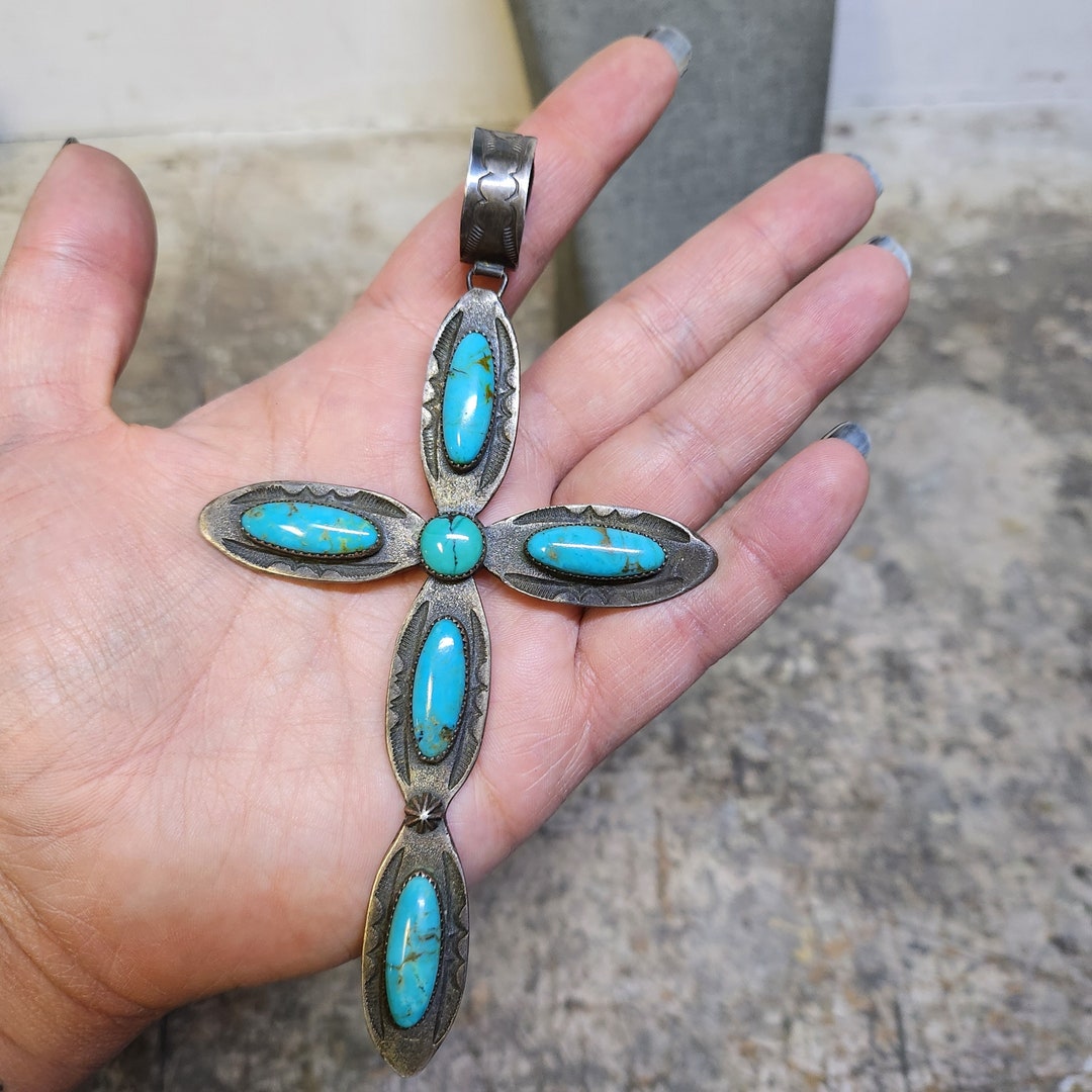 Massive Navajo Turquoise Cross Pendant Vintage Sterling Silver Eugene ...