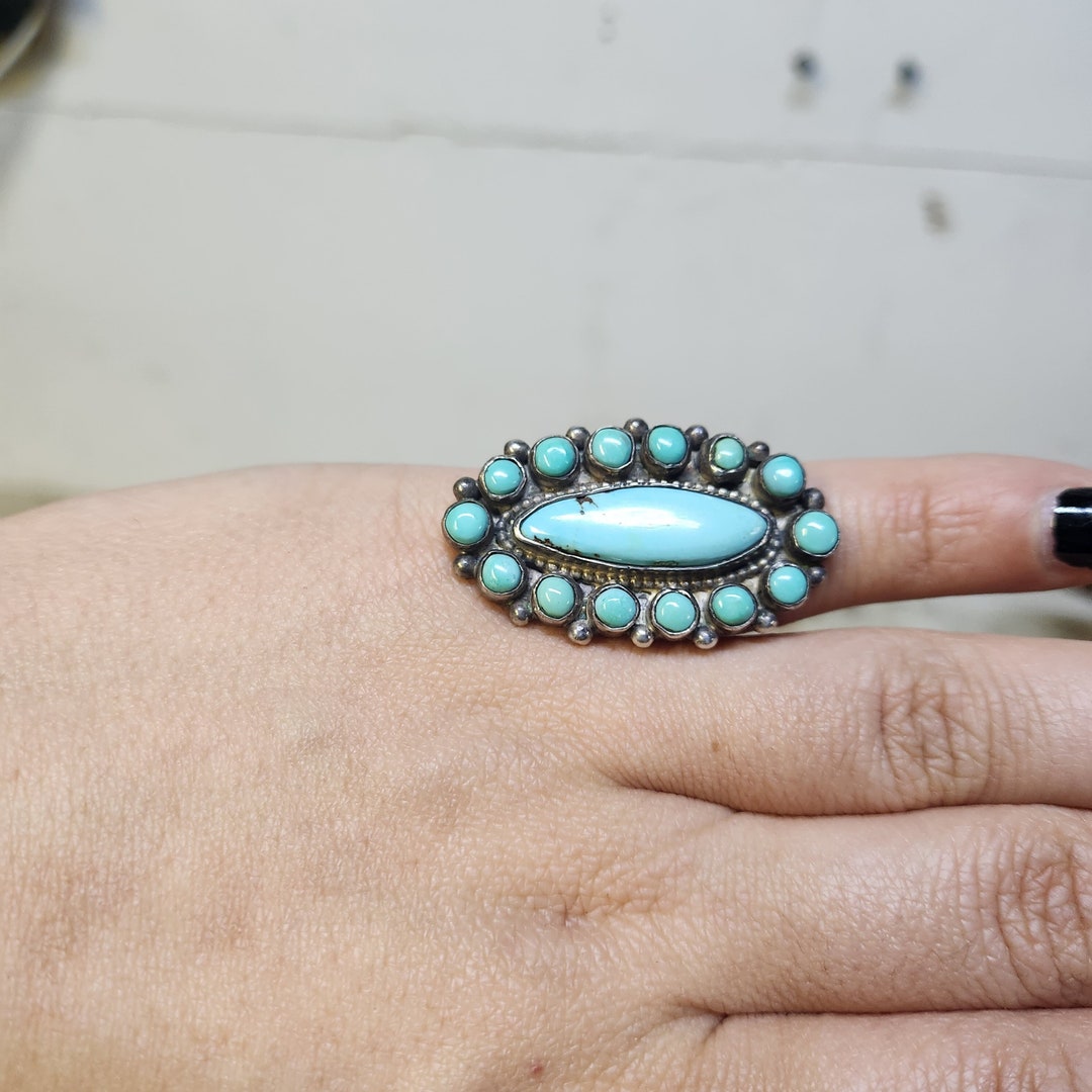 Large Navajo Turquoise Cluster Ring Size 8 Vintage Sterling Silver - Etsy