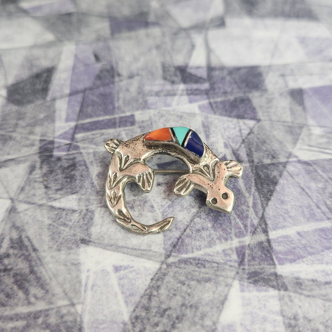 Southwest Lizard Pendant Vintage Sterling Silver and Multi Stone Inlay ...