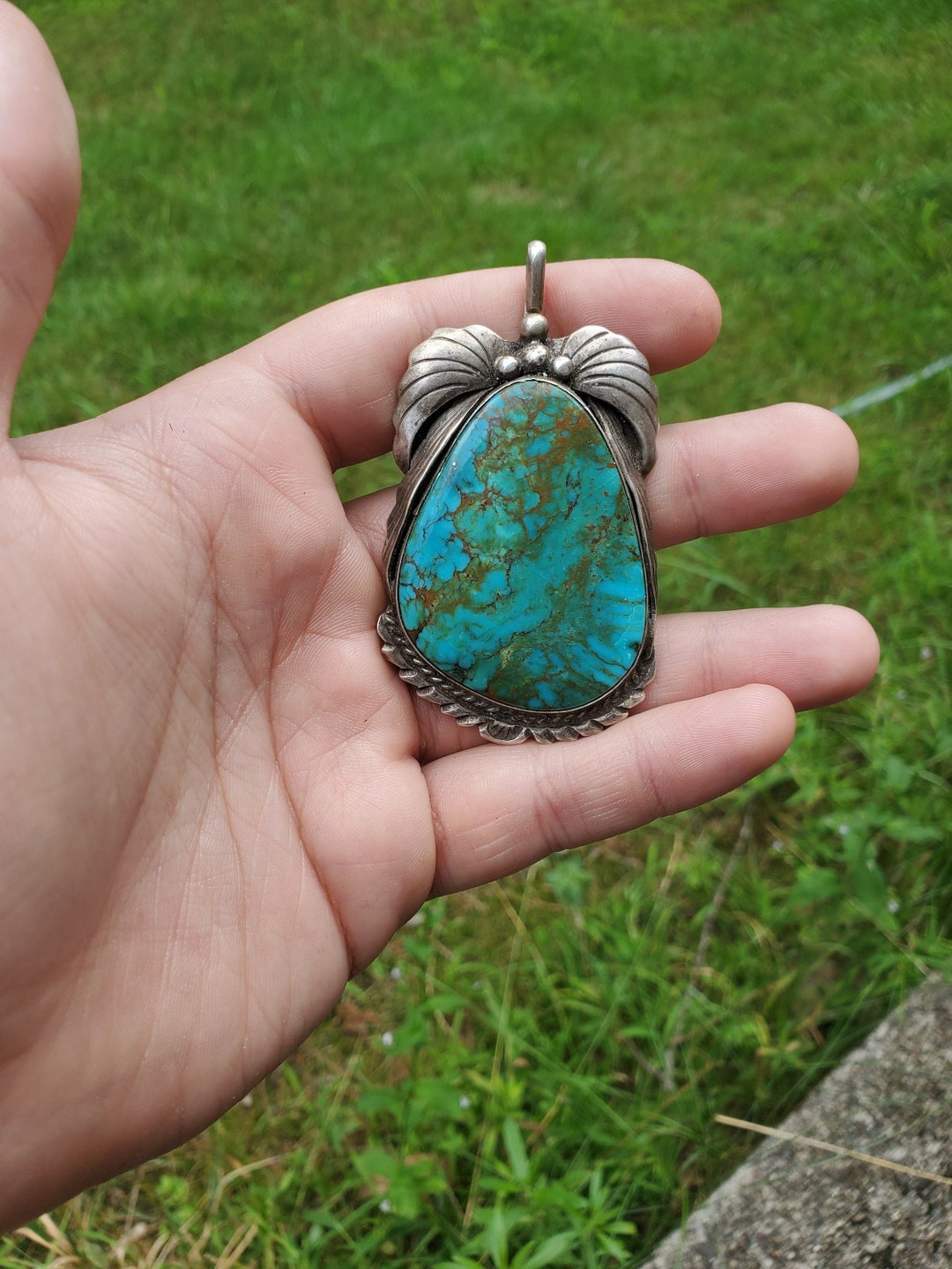 Massive Natural Turquoise Pendant, Sterling Silver, Signed Billie Eagle ...