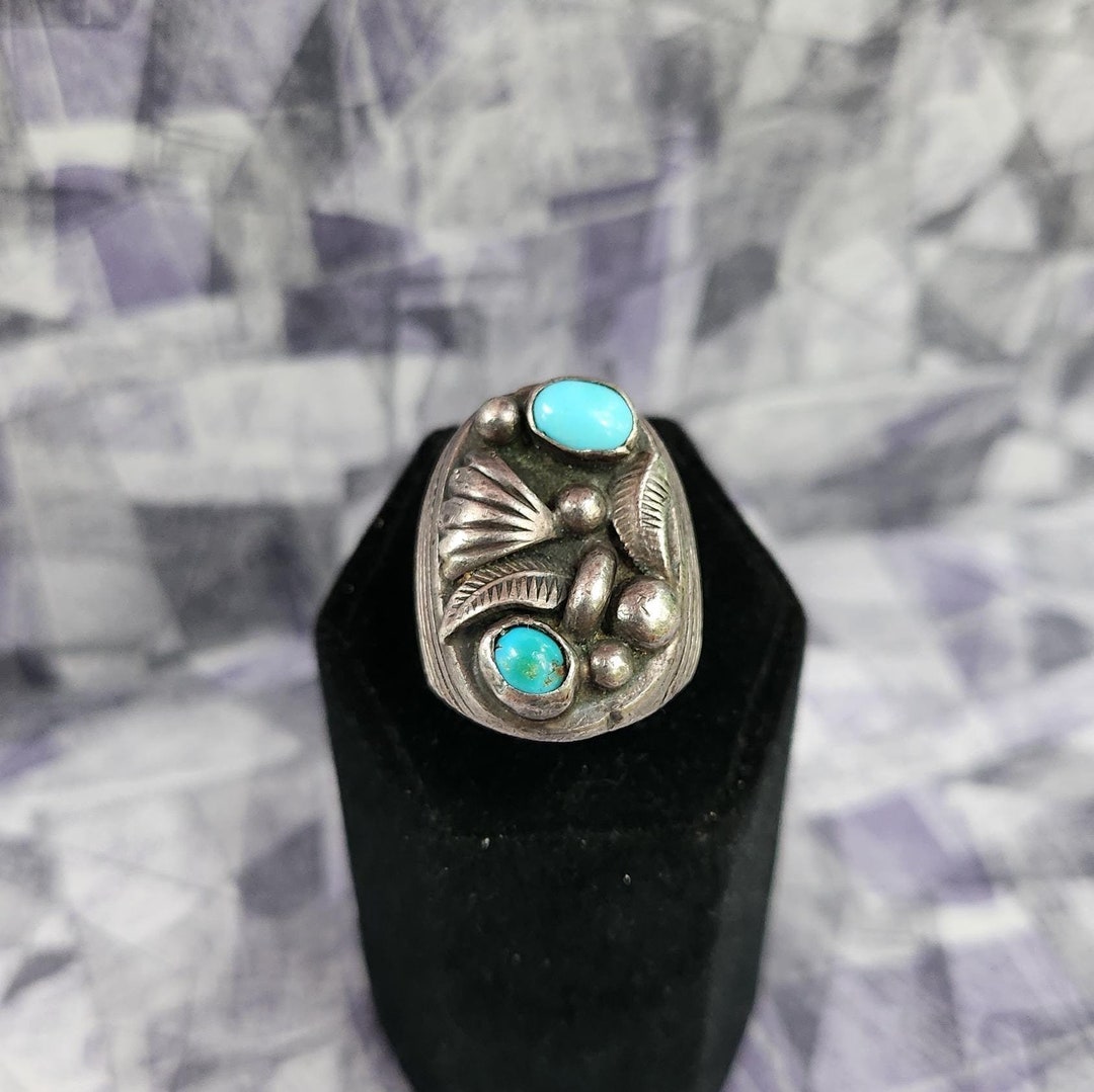 Navajo Turquoise Ring Size 5 Vintage Sterling Silver Leaf Designs - Etsy