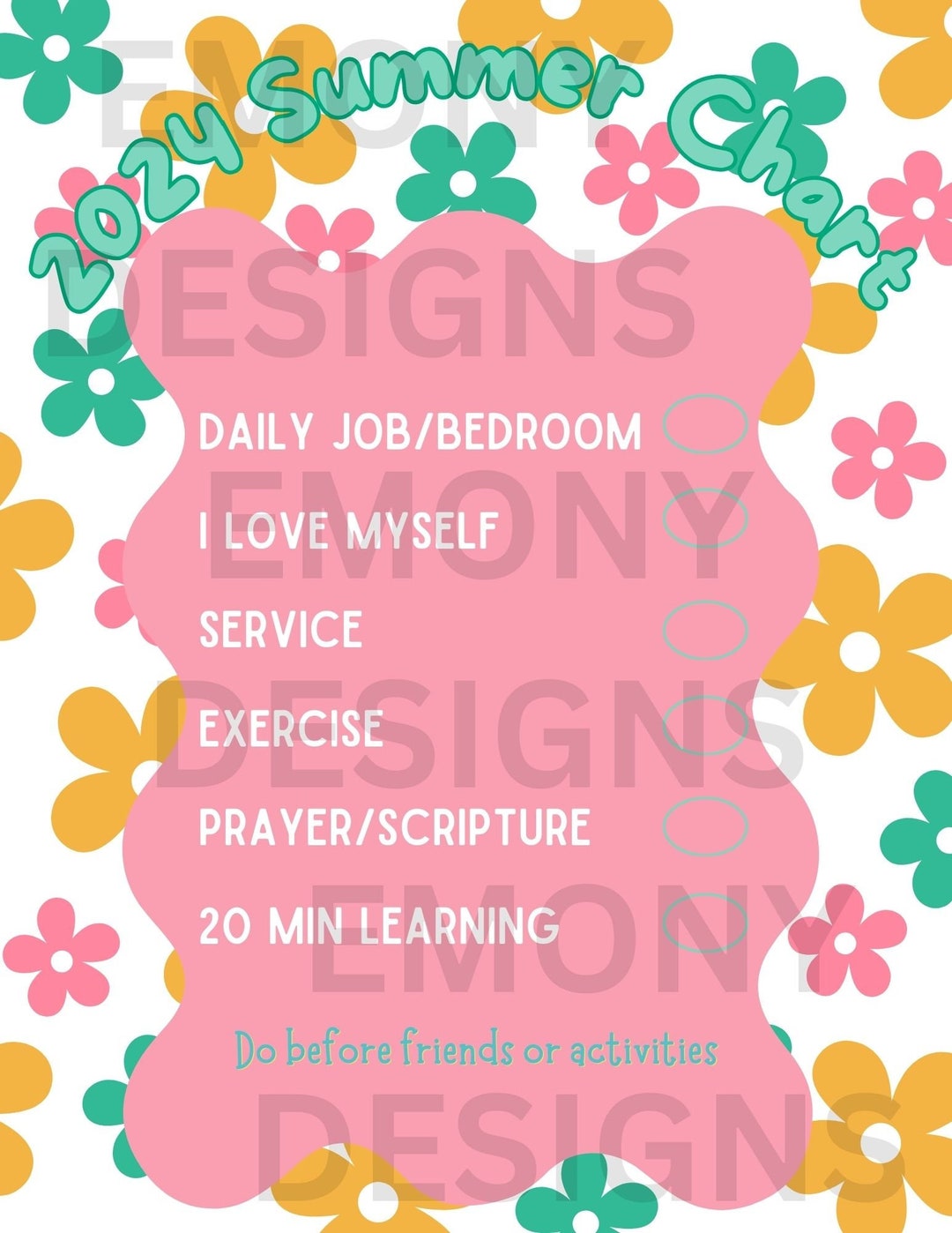 2024 Summer Chart for Kids - Floral Theme Printable Daily Routine ...