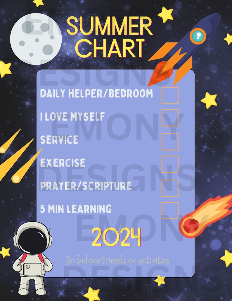 2024 Summer Chart for Kids Space Theme Printable Daily Routine & Chore ...