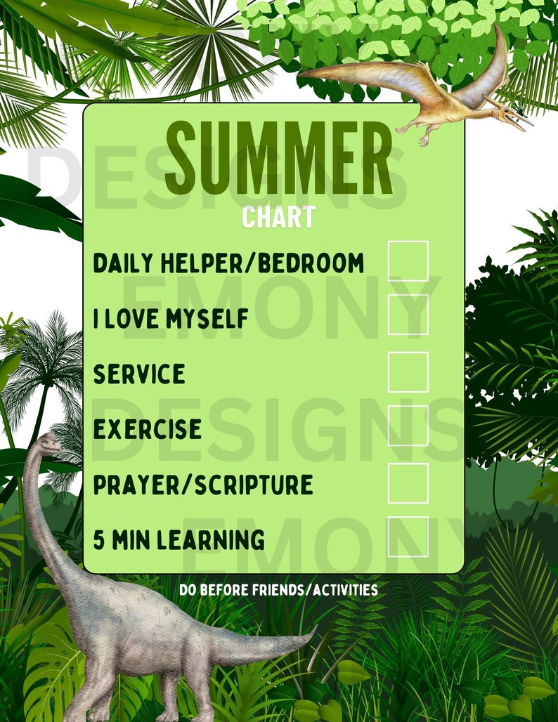 2024 Summer Chart for Kids - Dinosaur Theme Printable Daily Routine ...
