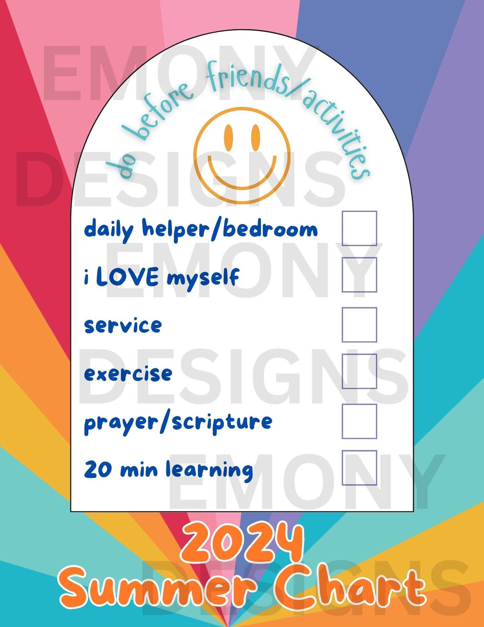 2024 Summer Chart for Kids - Smiley Theme Printable Daily Routine ...