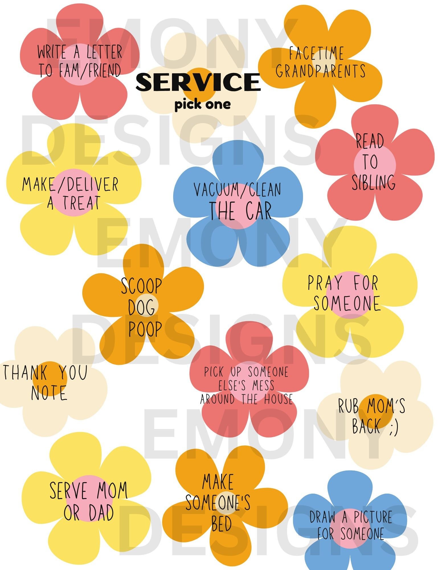 Service Activities Chart for Kids Floral Theme Printable Service ...