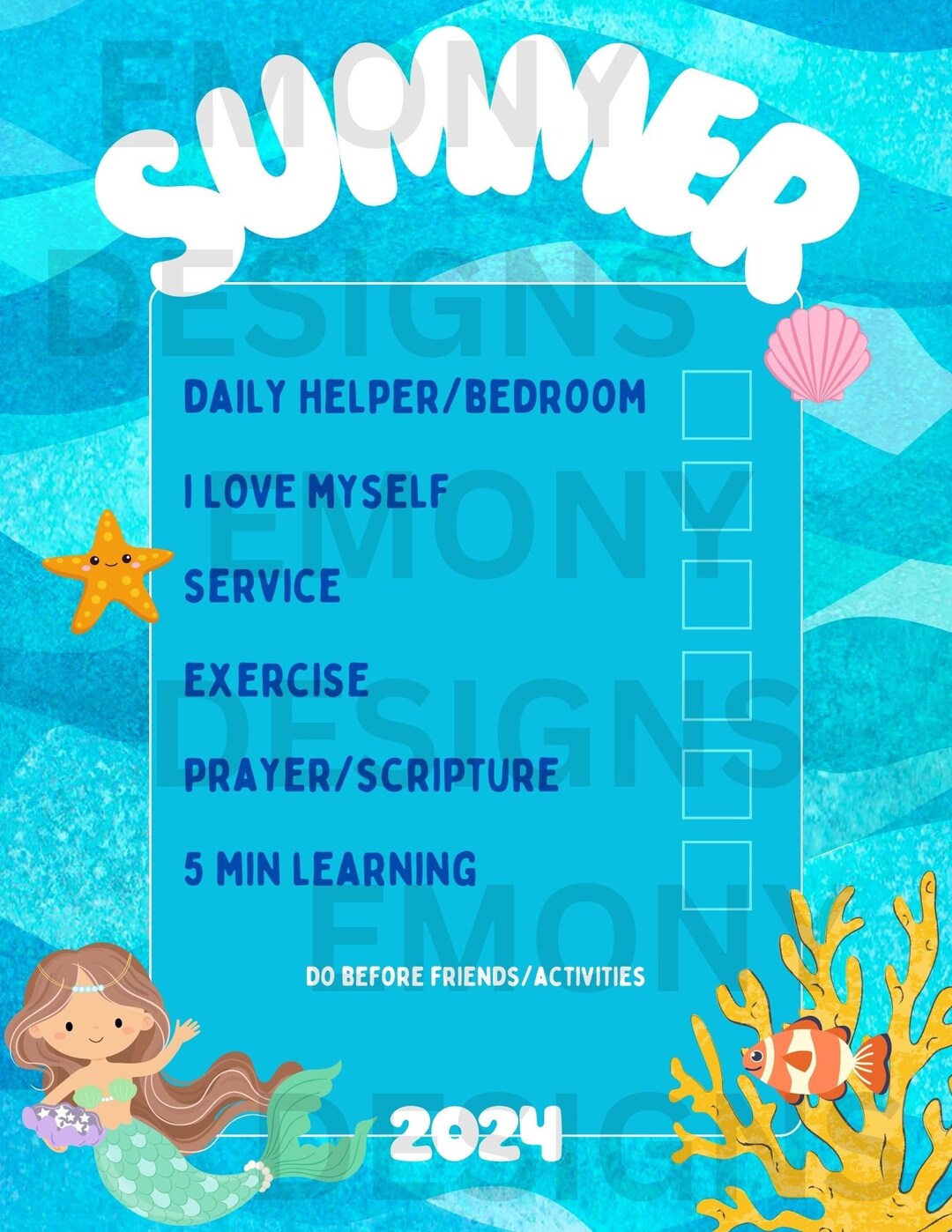 2024 Summer Chart for Kids - Mermaid Theme Printable Daily Routine ...