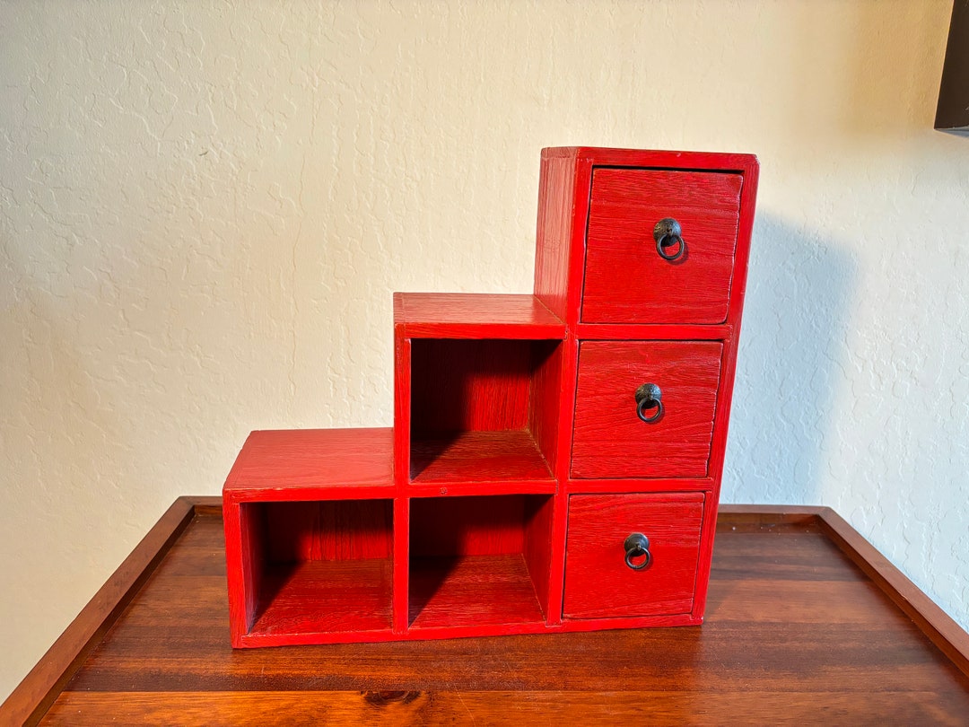 Japanese Tansu Red Mini Step Chest, Kiri Wood Cabinet, Apothecary Tea ...