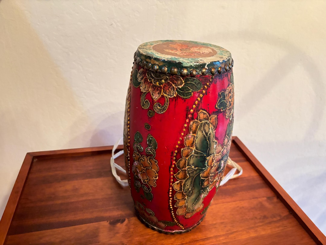 Large Vintage Tibetan Drum – 13” Hand-painted Ritual Leather Drum With ...