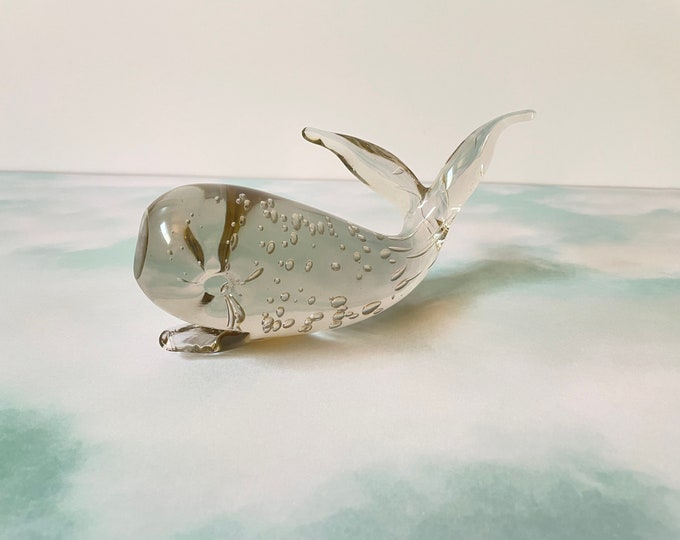 Whale Art Glass Figurine, Controlled Bubbles Whale Figure, Nautical ...