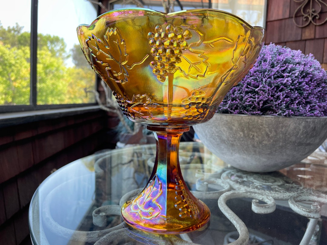 Amber Carnival Glass Compote Iridescent Harvest Grape Pattern Fruit ...