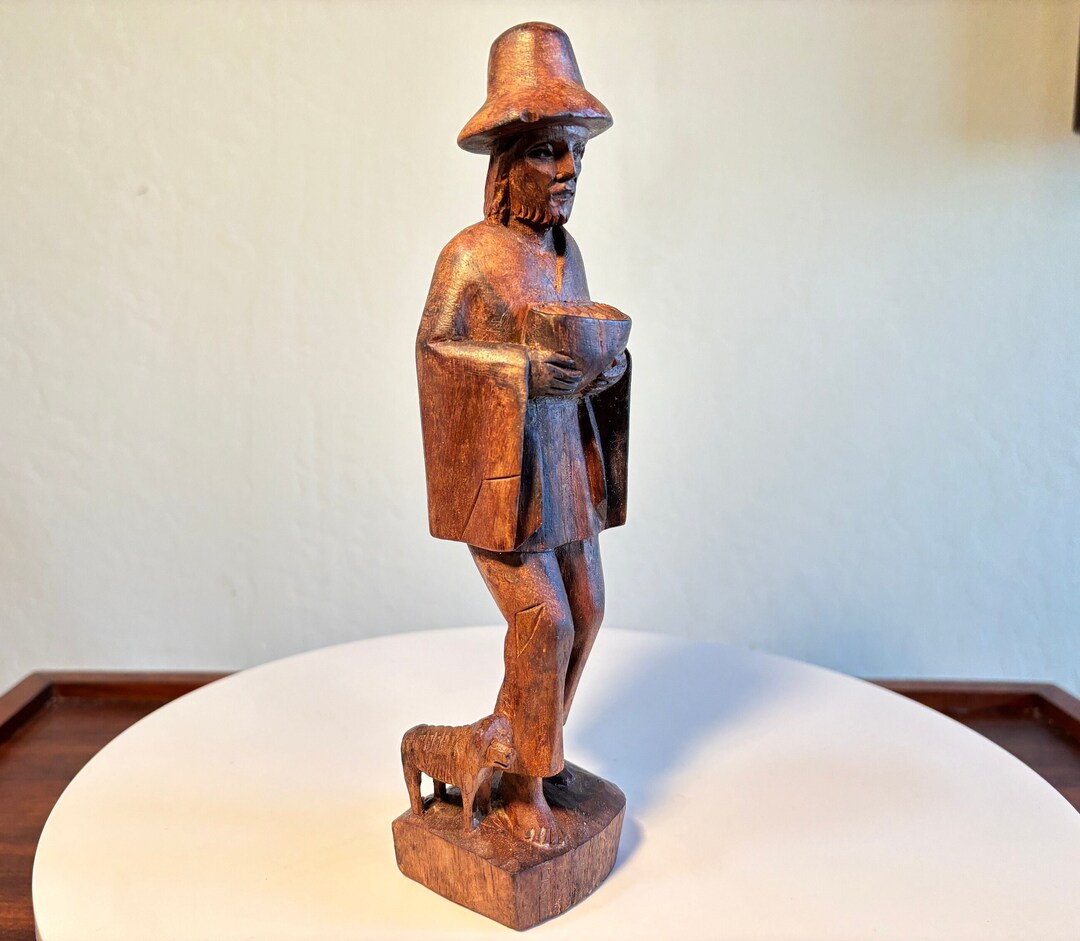 Wooden Man With Dog Figure, South American Peasant Hand Carved Wood ...