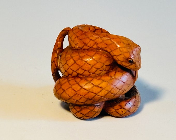Hand Carved Boxwood Coiled Snake Netsuke, Wooden Black Eyed Snake Charm ...