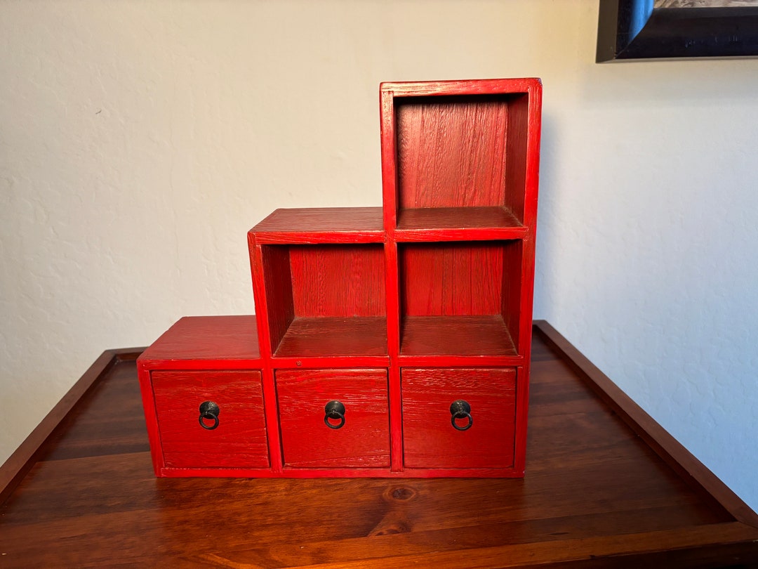 Japanese Tansu Red Mini Step Chest, Kiri Wood Cabinet, Apothecary Tea ...