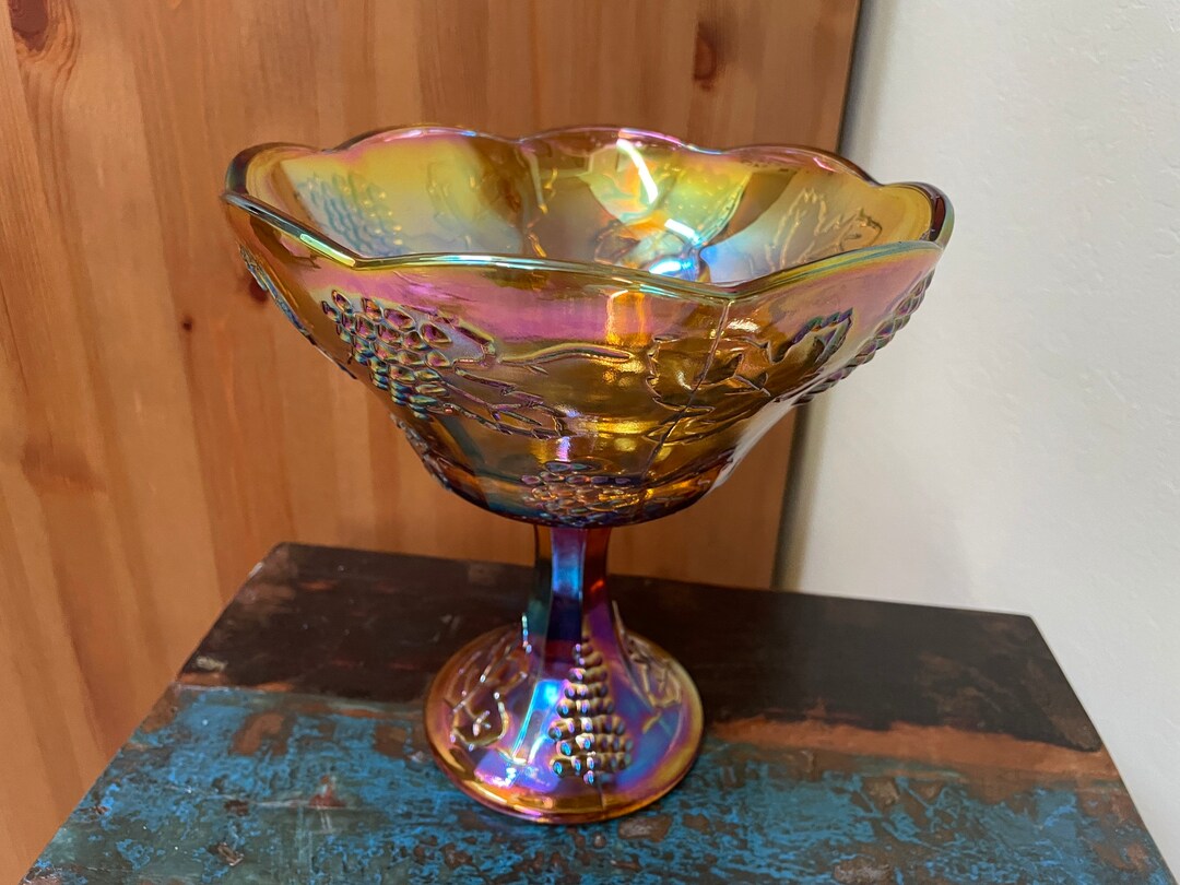 Amber Carnival Glass Compote Iridescent Harvest Grape Pattern Fruit ...