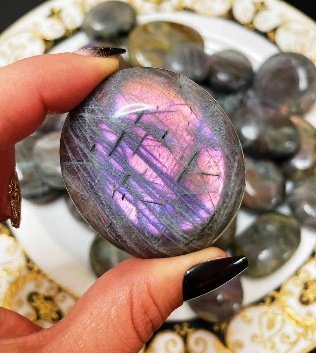 Purple Flash Labradorite Palm Stone, Pink Flash Labradorite Pocket ...