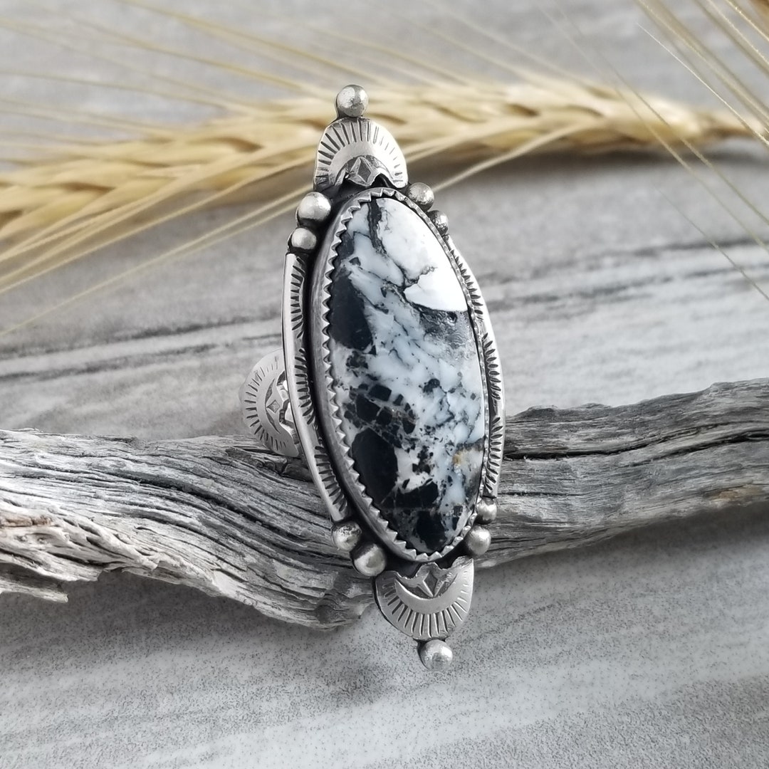 Stamped White Buffalo Ring, Sterling Southwest Ring, Black White ...