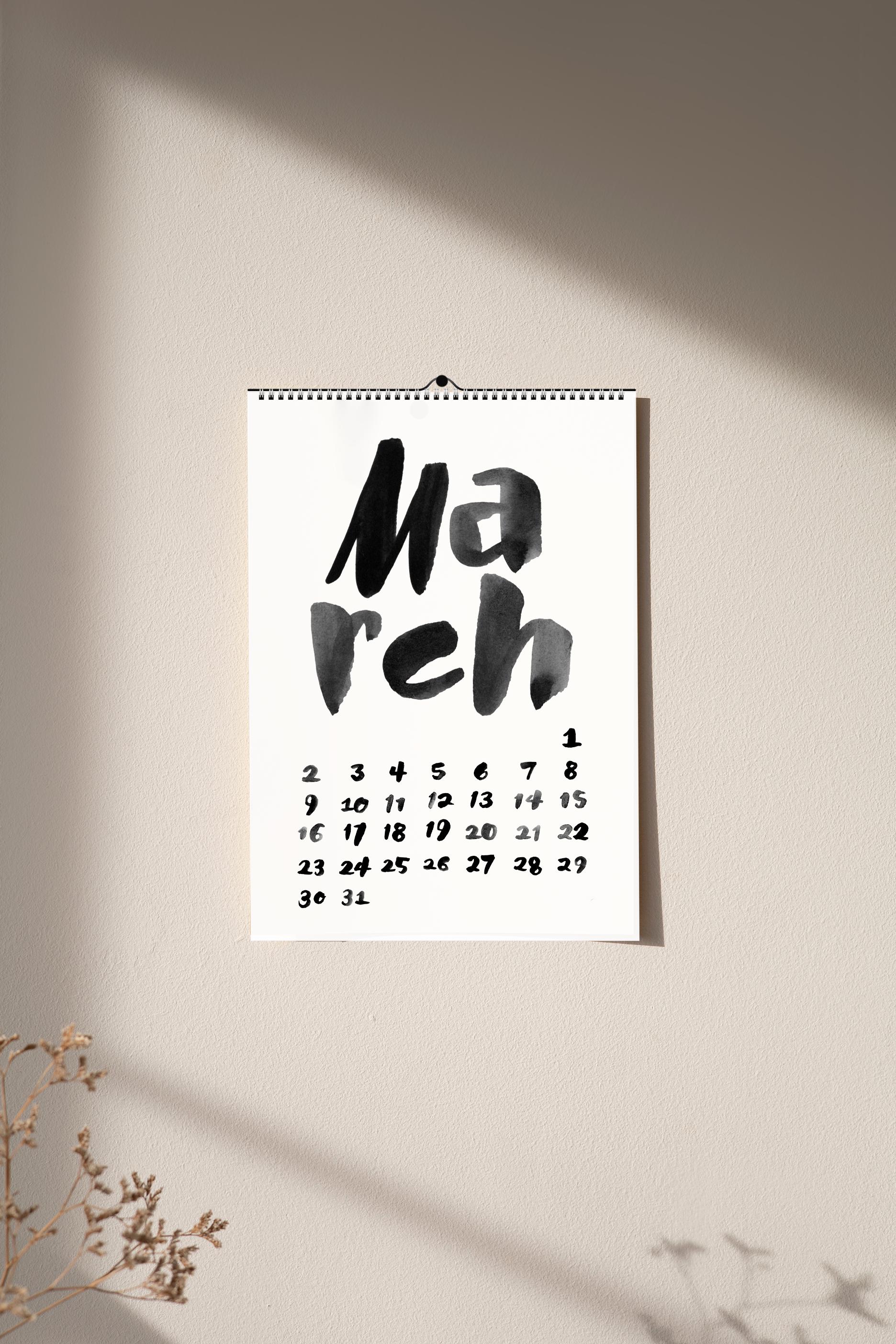 Black Strokes Calendar, 2025 Calendar, Black and White Calendar, Black ...