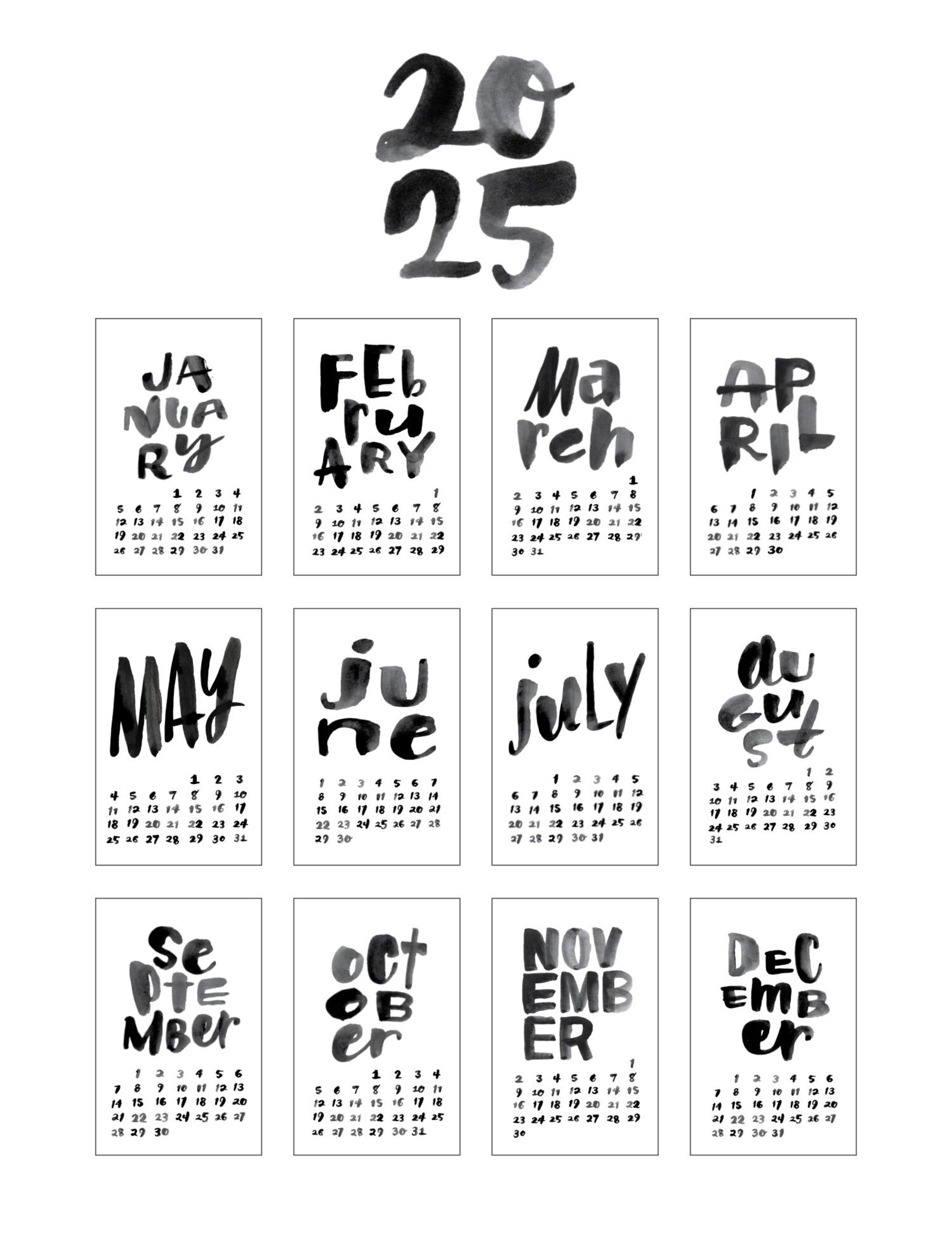 Black Strokes Calendar, 2025 Calendar, Black and White Calendar, Black ...