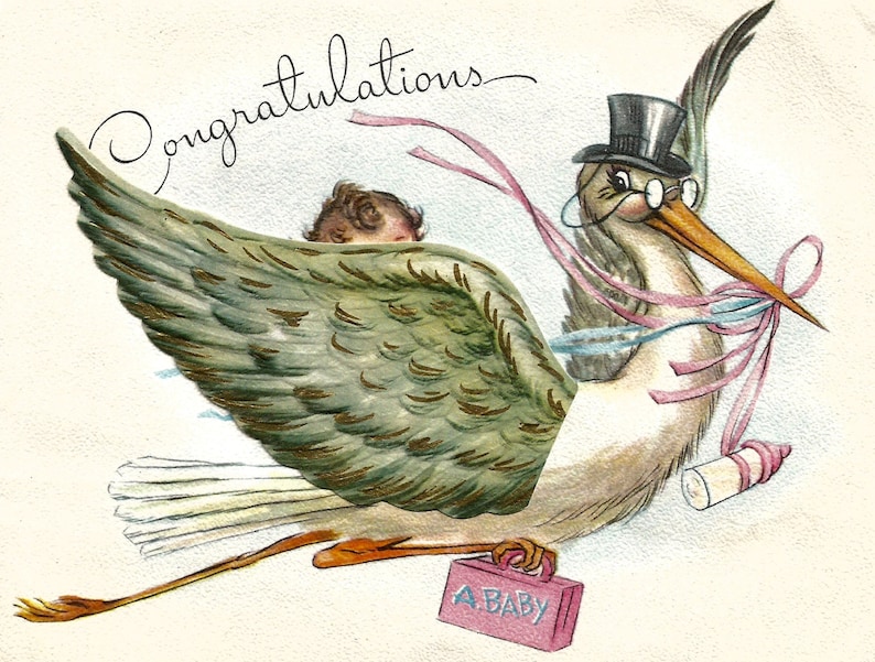 Vintage Baby Congratulations Card Stork Doctor Digital Download ...