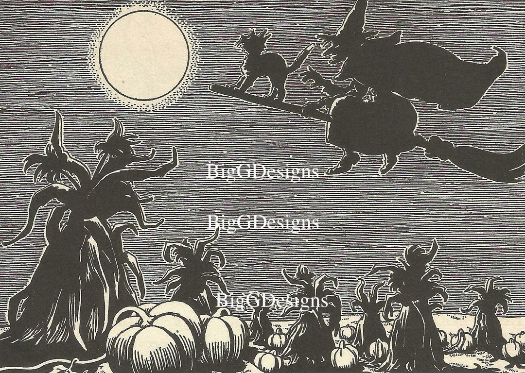 Vintage Halloween Witch Children's Book Illustration Black Cat Moon ...