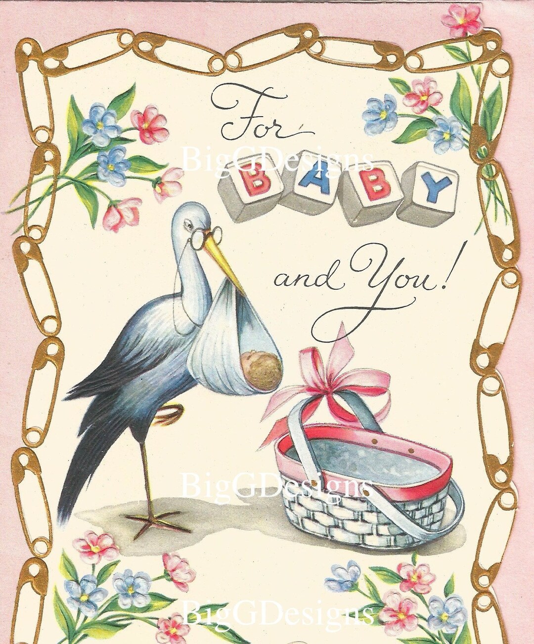 Vintage Stork Baby Card Congratulations Digital Download Printable ...